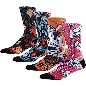 Novelty Crazy Skull Socks for Men, MEIKAN Wild Weird Fun Colorful Skeleton Patterned Fancy Socks ,4 Pairs Color 9,One Size