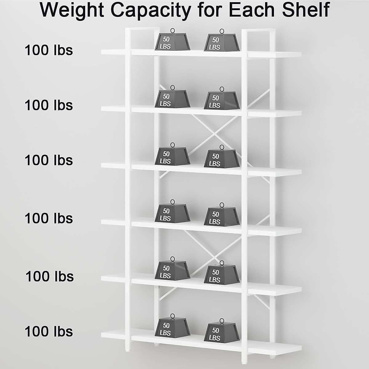 HSH 6 Tier Tall White Bookshelf, Industrial Modern Vertical Metal and Wood White Bookcases 6 Shelf,Farmhouse Open Large Storage Book Shelves & Display Book Shelf for Bedroom Living Room Office