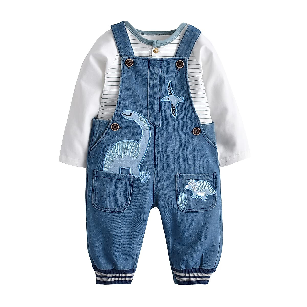 LvYinLi Baby Boy Clothes Set Infant Boy's Long Sleeve Romper+Dinosaur Denim Overalls Toddler Boys Fall Winter Outfits (Blue, 0-6 months)
