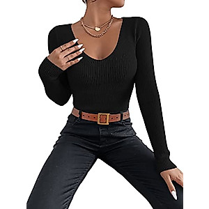 SweatyRocks Women's Casual Long Sleeve V Neck Top Solid Ribbed Knit Pullover Sweater Black S