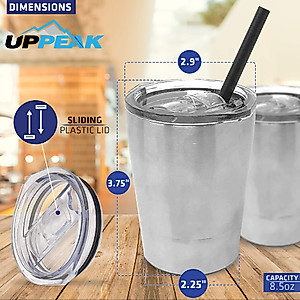 UpPeak 8.5 oz. Stainless Steel Cups with Clear Lids and Plastic Straws, 2 Pack, Double Walled Insulated for Hot and Cold Drinks, Travel Tumblers for Coffee, Cold Brew, Water or Smoothies