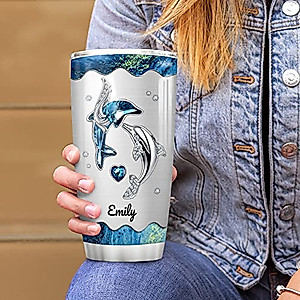 Wassmin Personalized Dolphin Tumbler Cup With Lid 20oz 30oz Custom Name Animal Stainless Steel Double Wall Vacuum Insulated Tumblers Coffee Travel Mug Birthday Christmas Customized Gifts Women Girls