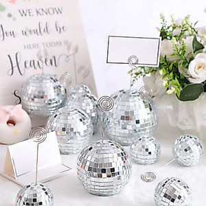 Maitys 60 Pcs Disco Ball Table Number Holder with Swirl Wire and Place Cards Party Favor Table Decoration Place Card Stand Silver Table Number Stand Name Card Photo Picture Holder Wedding Birthday