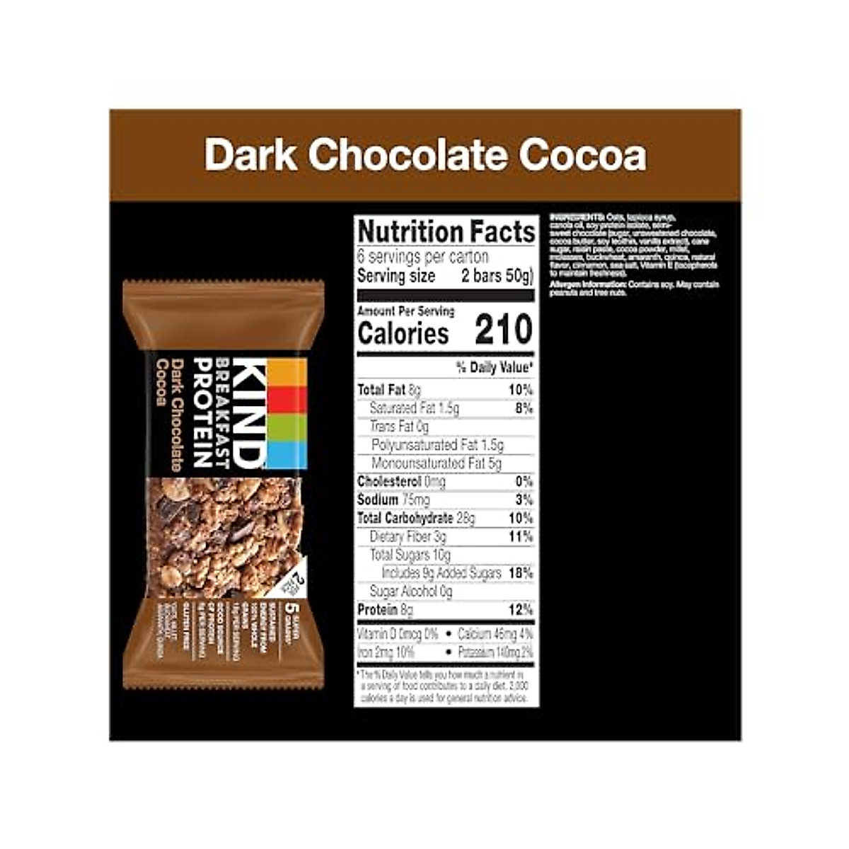 KIND Breakfast, Healthy Snack Bar, Dark Chocolate Cocoa, Gluten Free Breakfast Bars, 8g Protein, 1.76 OZ Packs (6 Count)