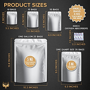 PRILUX Mylar Bags for Food Storage - 120 Stand Up Mylar Bags & Mylar Bags with Oxygen Absorbers - 10 Mil 1 Gallon, Quart & 8 Mil Small, Reusable Heat Sealable Zipper Resealable Airtight Food Storage