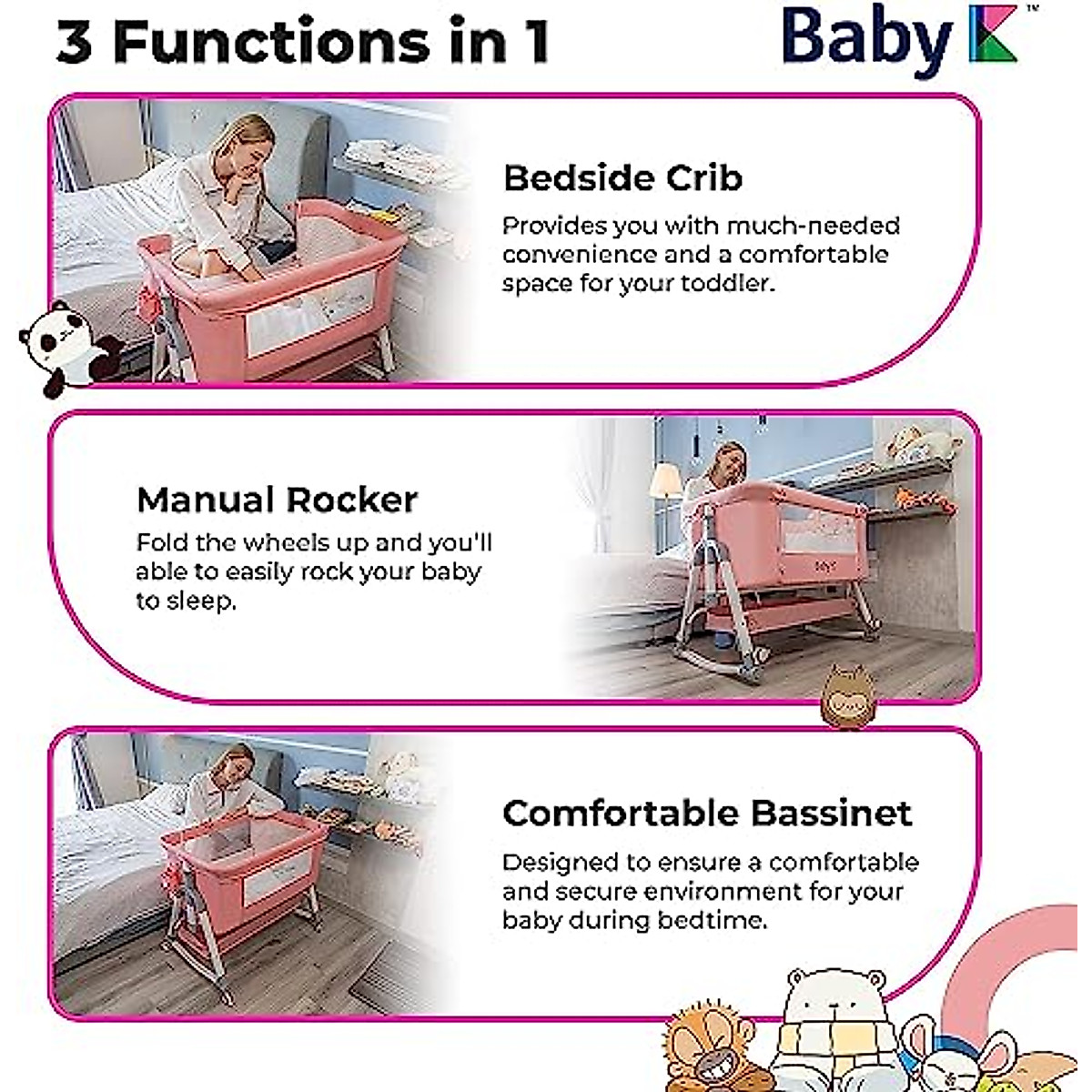 BABY K Baby Bassinet Bedside Sleeper (Pink) - 3 in 1 Bedside Bassinet Crib Attach To Bed - Convertible Bassinet With Breathable Attached Mesh Side and Mattress - Baby Co Sleeper For Bedside For Infant