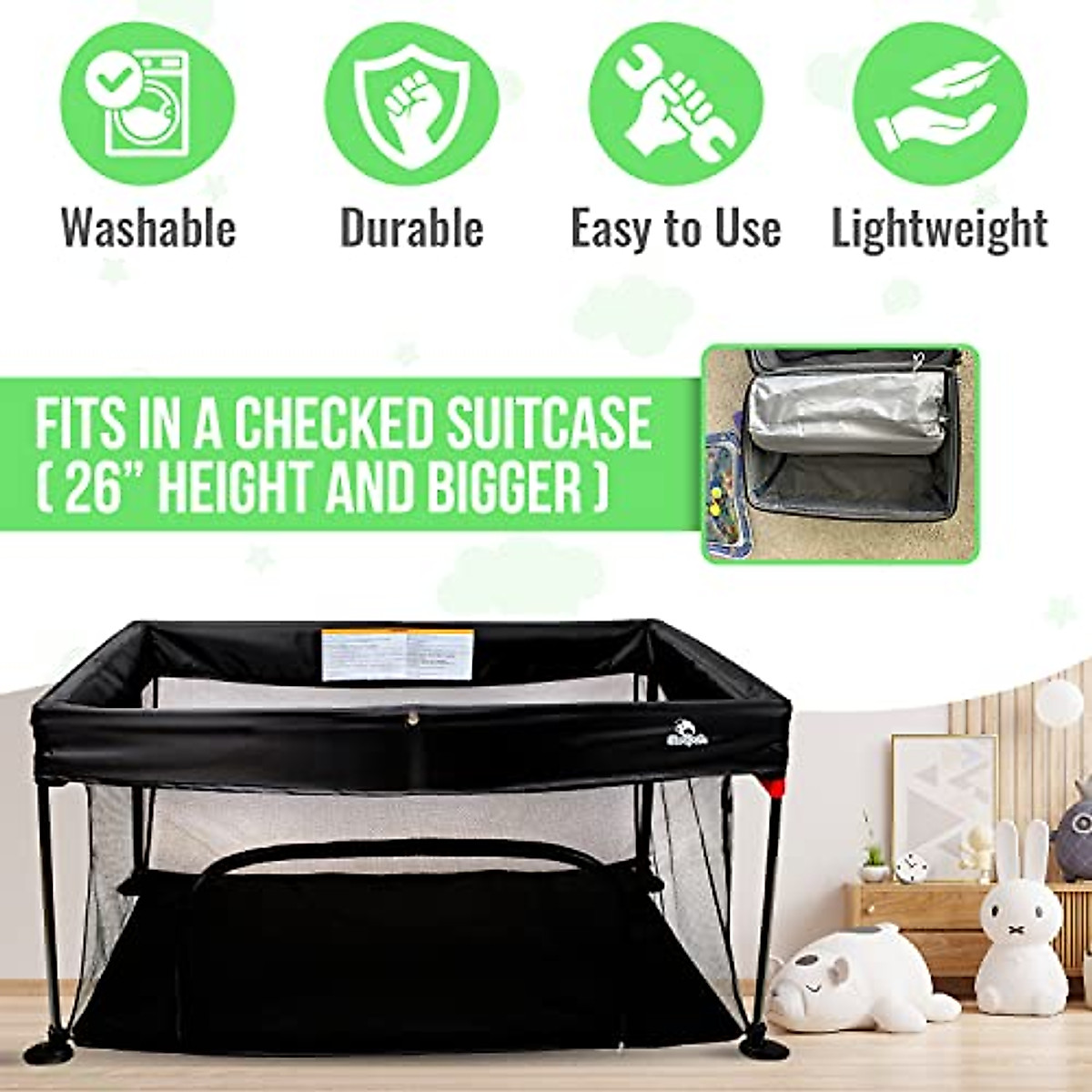 Sleepah Foldable Travel Crib – Lightweight Portable Play Pen + Backpack, Play-Yard with Waterproof Mattress – Easy to Pack Fits in a Suitcase, Sets up in 30 Seconds Safe for Infants & Toddlers (Black)