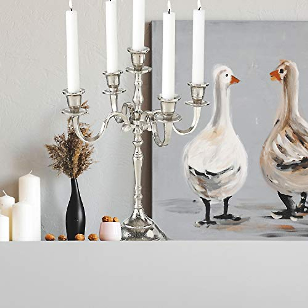 Hamptons Five Candle Candelabra, Silver Finish, Centerpiece, Hand Crafted of Cast Aluminum, Atelier Craft Surface Details, Over 1 FT High, (15.75 Inches)