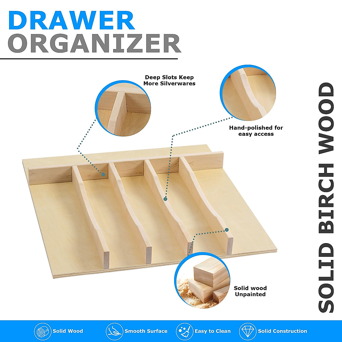 WelFurGeer Flatware Organizer for Drawer, Utensil Organizer for Kitchen Drawers, Wood Cutlery Tray Organizer in Drawer, Flatware Drawer Organizer for Silverware, Flatware in Kitchen (Natural)
