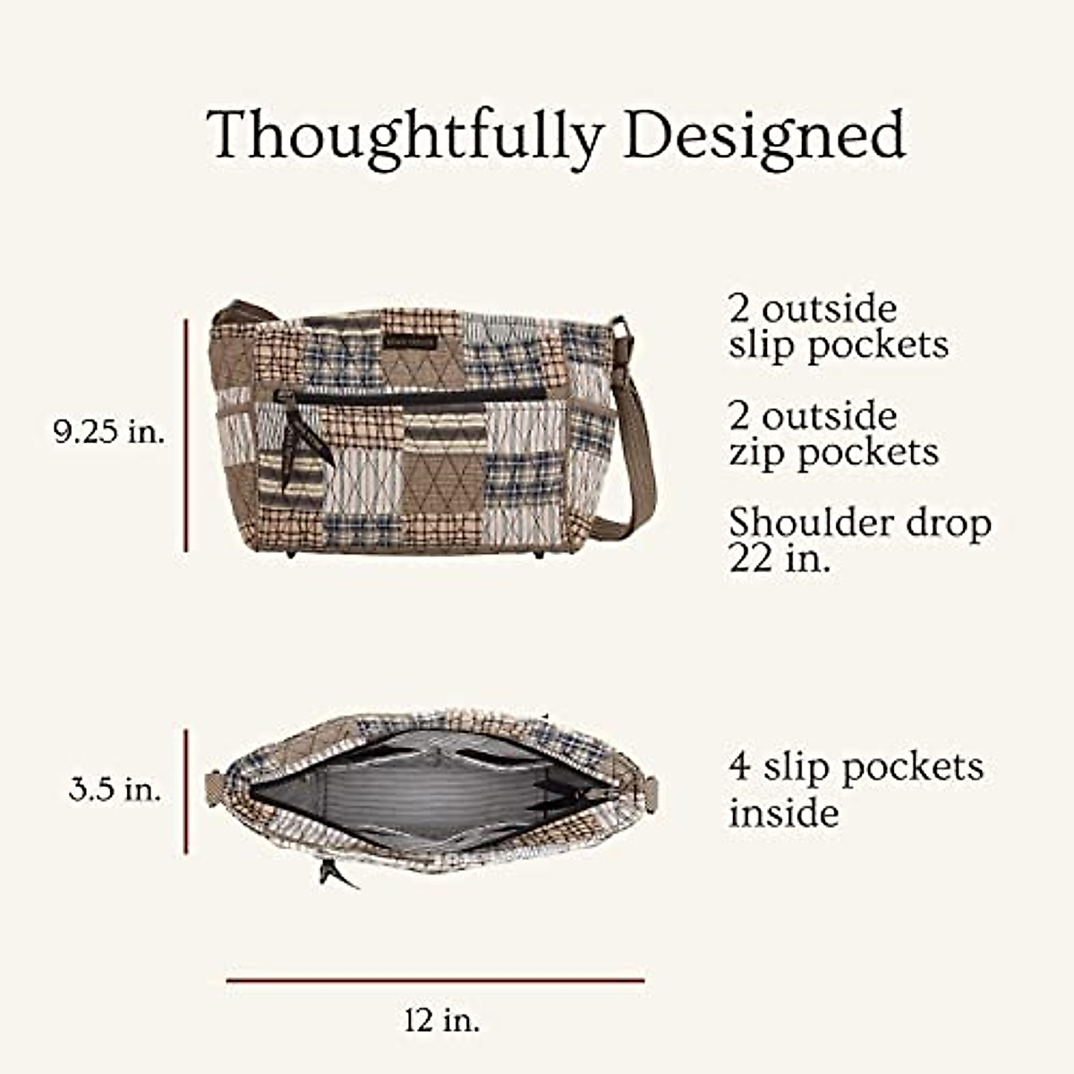 Bella Taylor Ashmont Claire Quilted Cotton Country Patchwork Crossbody Shoulder Bag With Pockets and Compartments