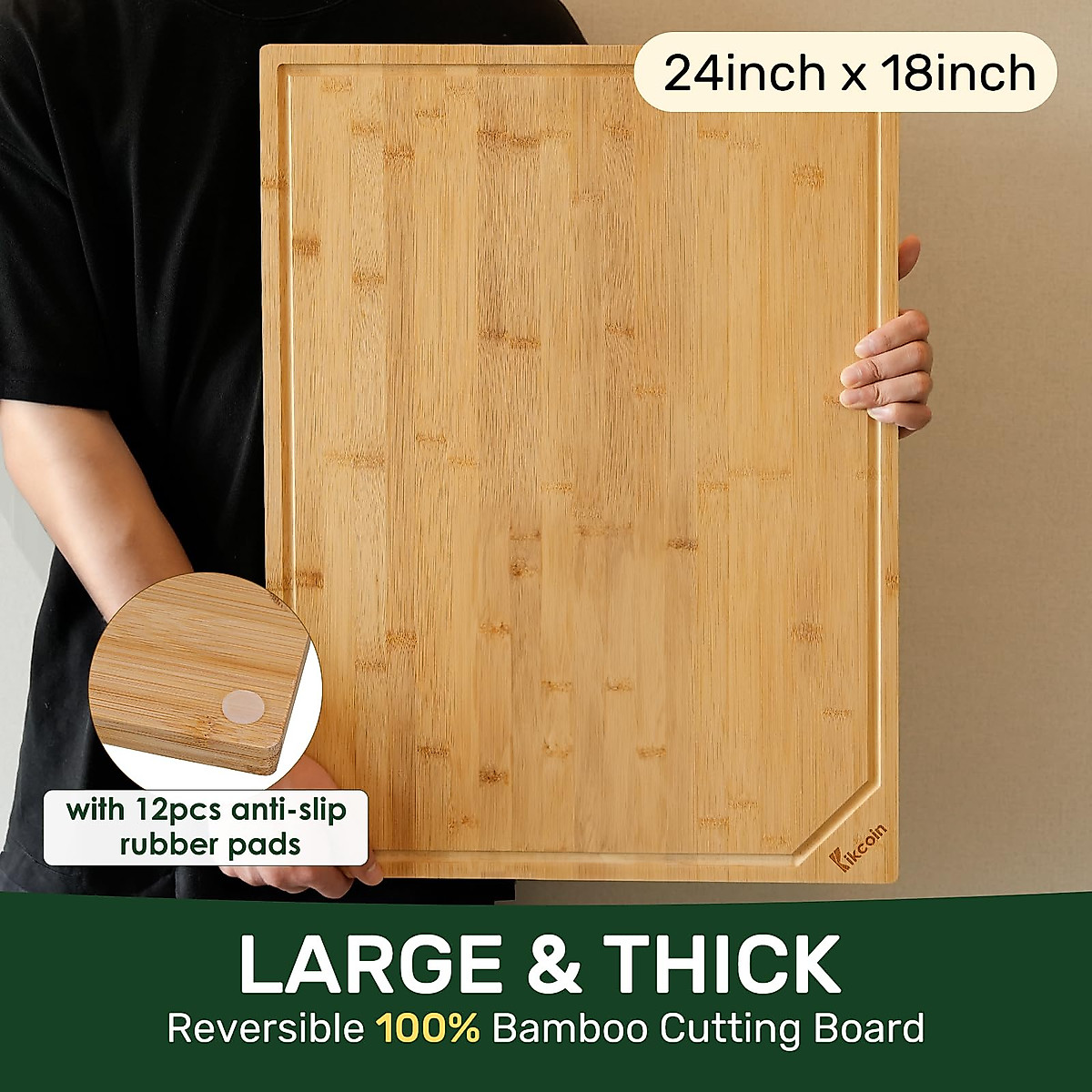 24" Bamboo Cutting Boards for Kitchen, Extra Large Wood Cutting Board with Deep Juice Groove and Handle Heavy Duty Chopping board, Kikcoin, 24" x 18"