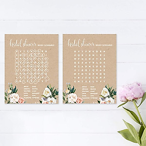 Andaz Press Peach Coral Kraft Brown Rustic Floral Garden Party Wedding Collection, Word Search Bridal Shower Game Cards, 20-Pack