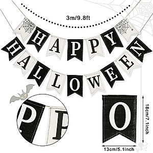 Whaline 2Pcs Happy Halloween Burlap Banner White Black Halloween Party Banner Holiday Hanging Bunting Garland Sign for Halloween Party Supplies Fireplace Wall Porch Decors Photo Prop