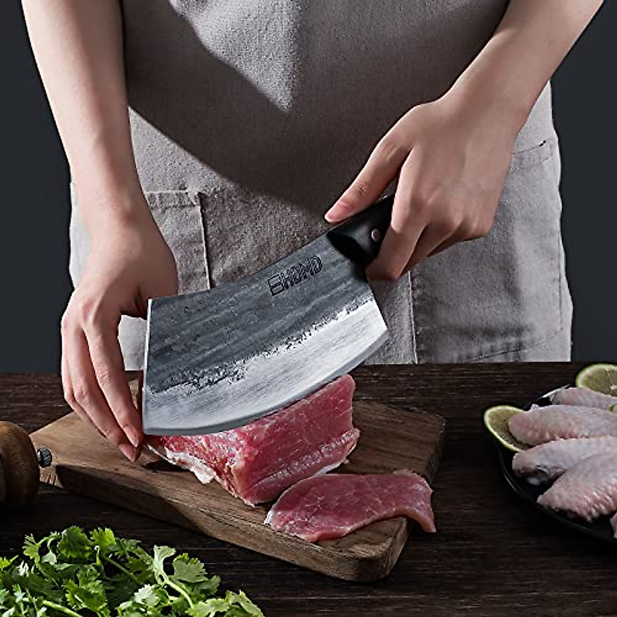 HDMD Cleaver Knife Meat Cleaver Knife for Meat Cutting, Real Hand Forged Knife High Carbon Steel Knife, Butchers Knife Meat Knife for Home and Outdoor Camping, BBQ
