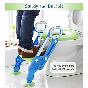 Potty Training Seat with Step Stool Ladder and Handles for Baby Toddler Kid Children Boys and Girls Toilet Training Chair with Padded Soft Cushion and Non-Slip Wide Step (Green Blue)