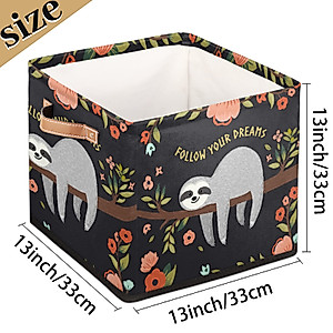 AUUXVA Follow Your Dream Quote Storage Basket for Closet, Cute Sloth Storage Bins with Handles, Foldable Storage Cube Boxes for Toys Shelves Pantry Nursery Organizing