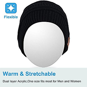 Rotibox Winter Bluetooth Beanie Hat Fashional Double Knit Skully Cap w/Wireless Stereo Headphone Speakerphone Mic for Outdoor Sports Running Skating Hiking Camping - Black