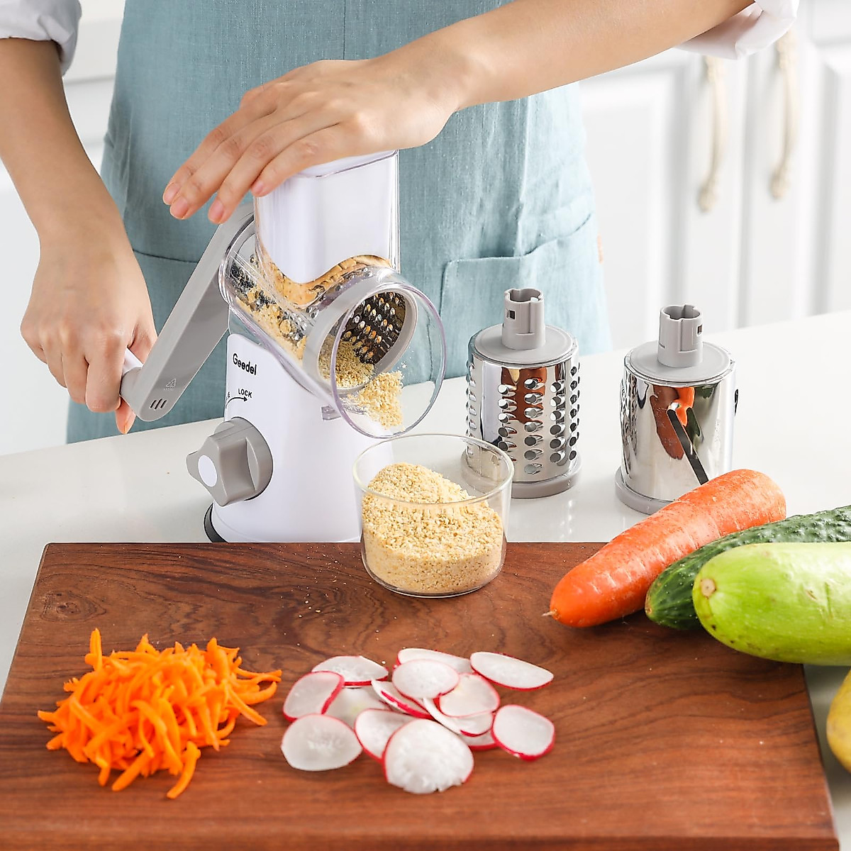 Geedel Rotary Cheese Grater, Kitchen Mandoline Vegetable Slicer with 3 Interchangeable Blades, Easy to Clean Rotary Grater Slicer for Fruit, Vegetables, Nuts
