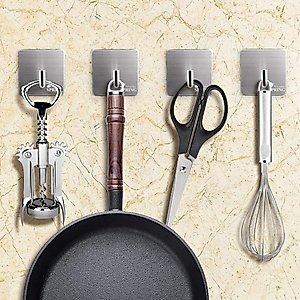 NOVEMBER SPRING Hooks for Hanging Kitchen Bathroom Adhesive Towel Hooks Pot Holder Pan Hanger Towel Hooks Coat Hanger 304 Stainless Steel Heavy Duty 11 lb 5KG Waterproof Wall Hooks 4 Pack