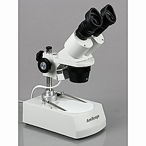 AmScope SE306R-P Forward-Mounted Binocular Stereo Microscope, WF10x Eyepieces, 20X and 40X Magnification, 2X and 4X Objectives, Upper and Lower Halogen Lighting, Reversible Black/White Stage Plate, Pillar Stand, 120V