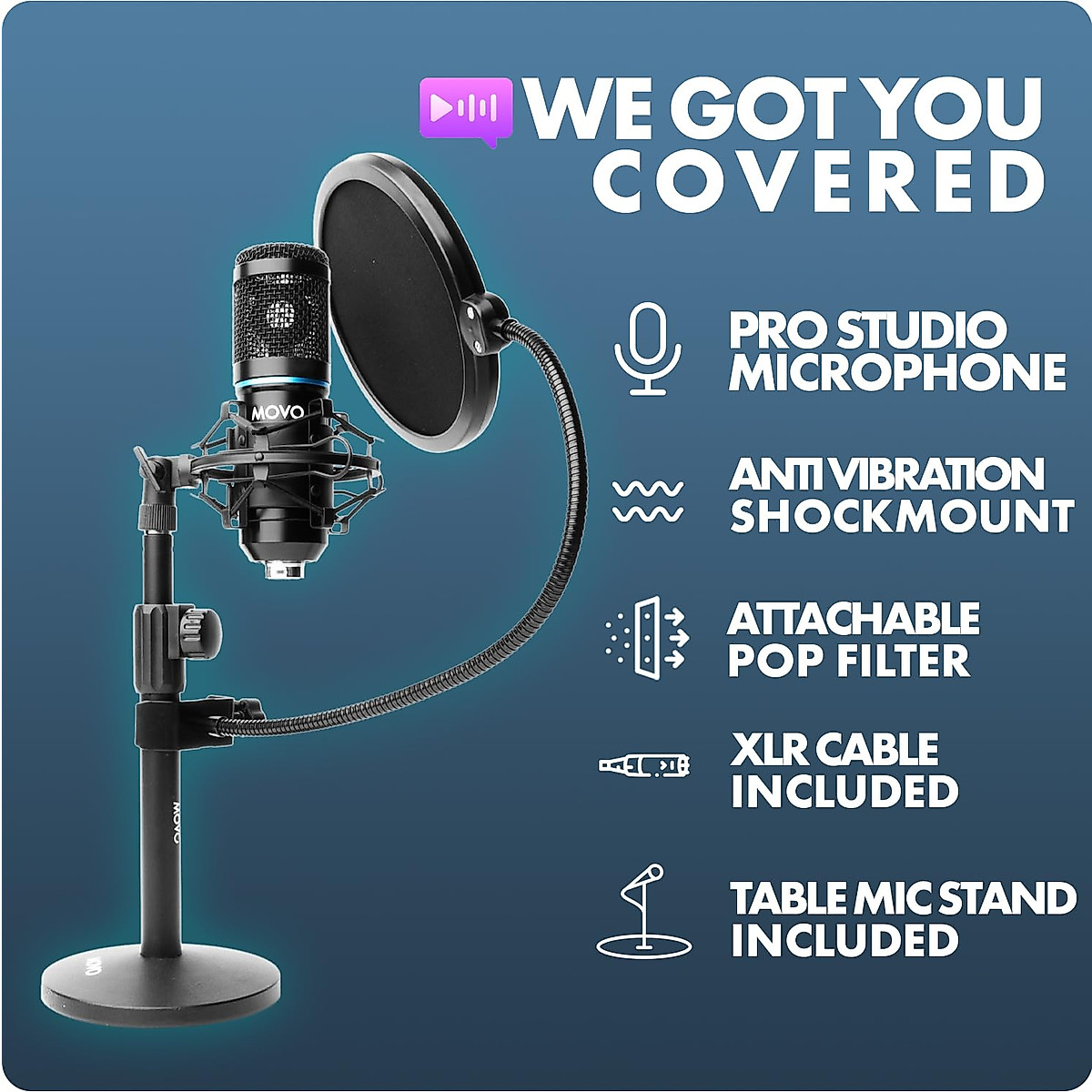 Movo PodPak4T 4-Pack Universal XLR Podcast Microphone Bundle- Includes 4 Cardioid Condenser Mics, Desktop Mic Stands, Pop Filters, Shock Mounts, and Cables for Podcast Equipment