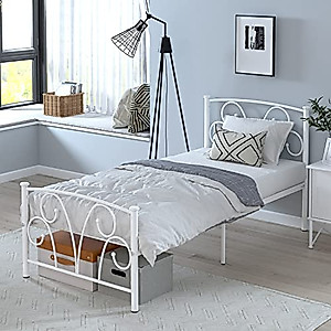 Elephance Twin Bed Frame with Headboard, Metal Platform Bed Frame with 12 Inch Storage Space No Box Spring Needed (White)