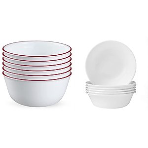 Corelle,Glass 28oz Red Band Bowl 6pk & Cereal Bowl Set for 6 | 18 Ounce Reusable Soup Bowls in Winter Frost White, Dishwasher and Microwave Safe