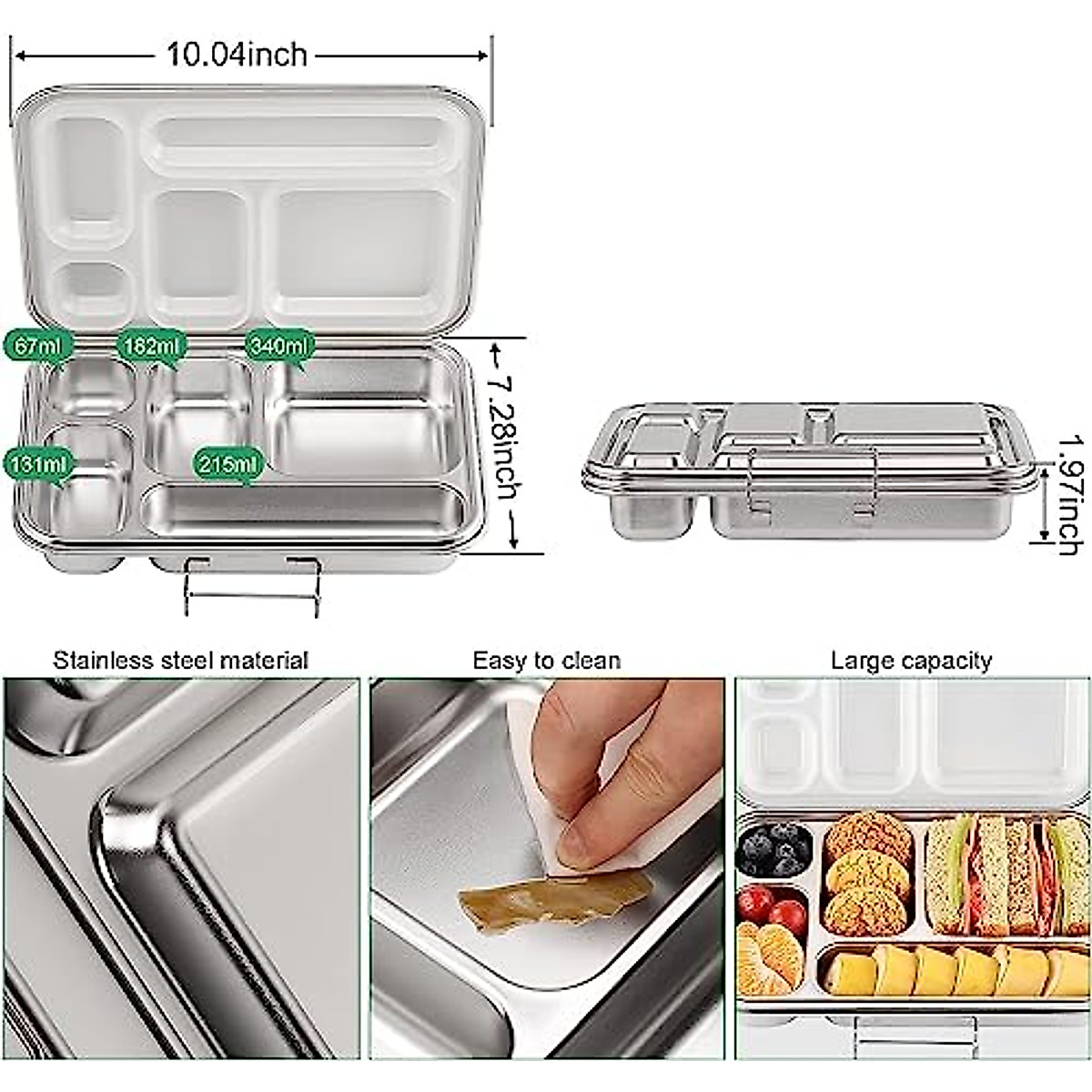 AOHEA Stainless Steel Lunch Box for Kids: Leak Proof Bento Lunch Box BPA Free 304 Stainless Steel Bento Box Stainless Bento Box with Containers for School and Office(5 Compartments)