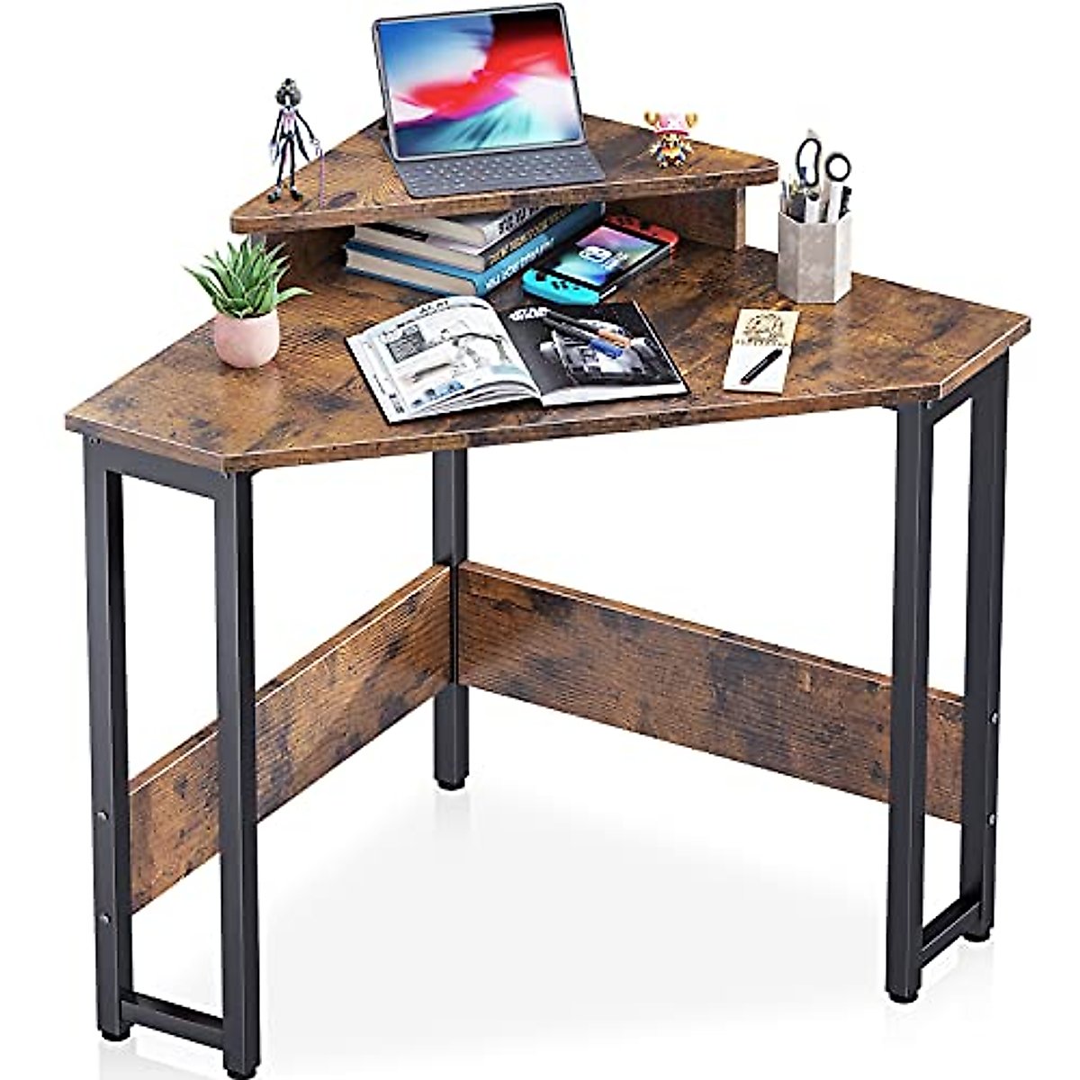 ODK Corner Desk Space Saving Small Desk with Sturdy Steel Frame, Computer Desk with Monitor Stand for Small Space, Easy Assembly Triangle Vanity Desk with Durable Wooden Desktop