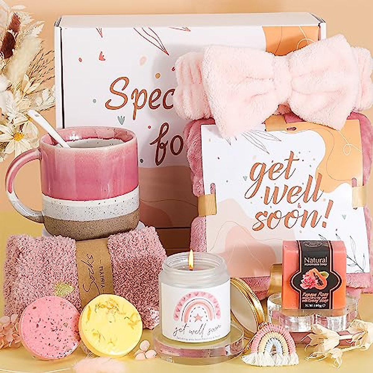 Get Well Soon Gifts for Women, Care Package Gift Feel Better Basket，Personalized Gifts After Surgery Recovery Gift Thinking of You Box with Blanket Coffee Tumbler for Women Friends Female