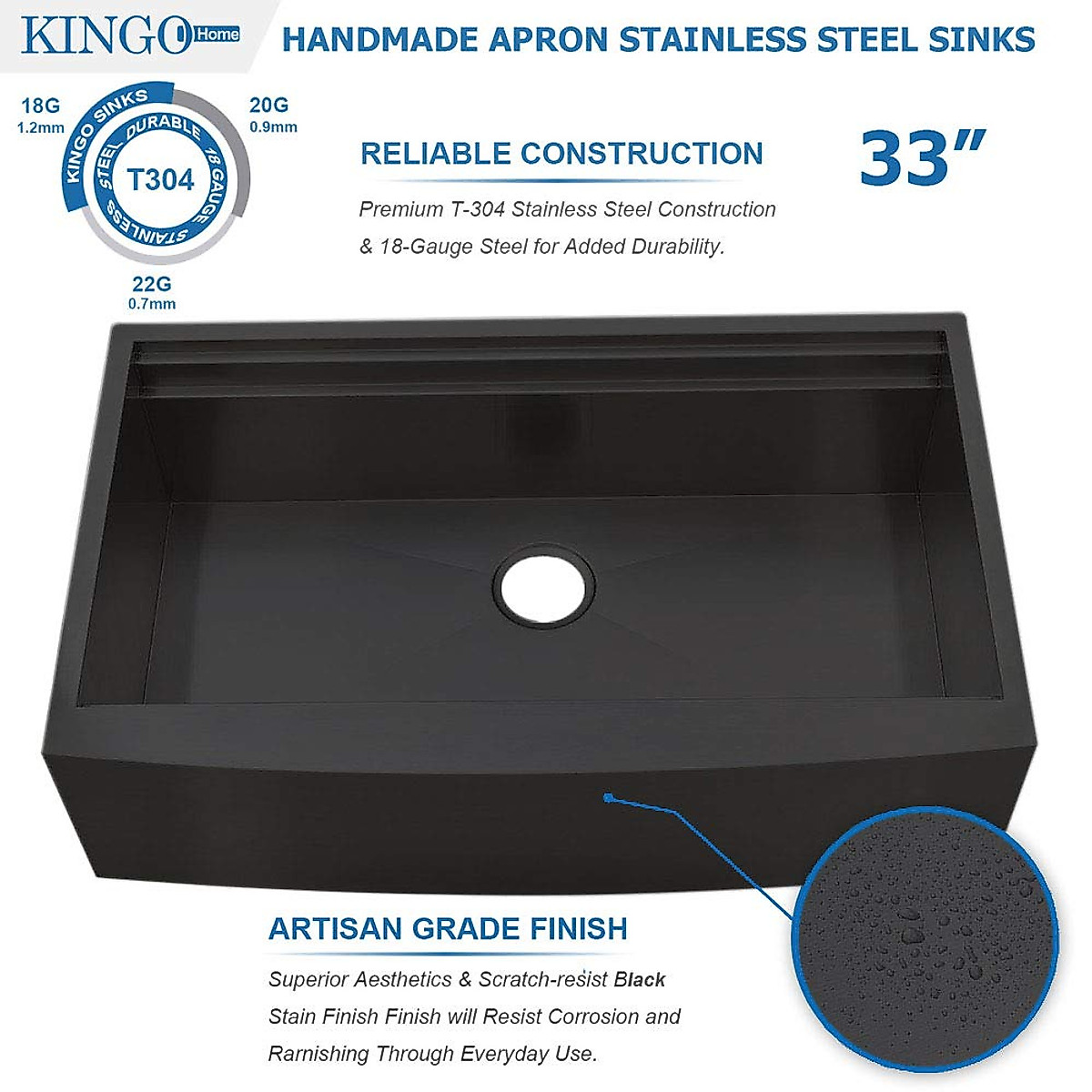 KINGO HOME 33 inch Black Farmhouse Sink, 16 Gauge Ledge Stainless Steel Rustic Farmhouse Sink Apron Front Undermount Farm Kitchen Sink with Accessories Farmers Sink Rustic Farmhouse Kitchen Sink