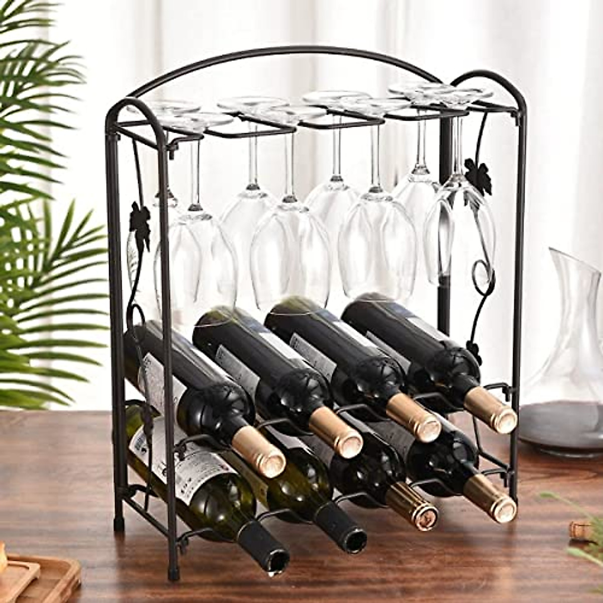 Countertop Wine Rack - Hold 8 Wine Bottles and 8 Glasses Multifunctional dis Assembly Small Wine Rack - 2 Tier Tabletop Wine Holder Stand for Cabinet, Pantry, Wine Bottle Storage（Black）