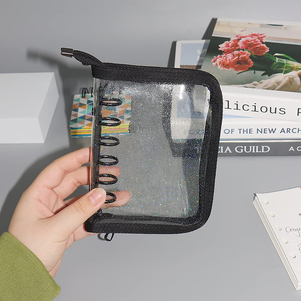 Clear A7 Binder Wallet Zipper Balck 6 Ring Glitter Budget Binders Loose Leaf Zip Up Binding Cover for Cash Envelopes System Photocard Album Journaling Planner (Black 4.5“x6)