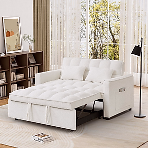 DAMAIFROM Sofa Bed, 3 in 1 Sleeper Sofa Bed with Pull Out Sofa Bed, Teddy Convertible Pull Out Loveseat with Adjustable Backrest and Side Pocket,Small Love Seat for Living Room,Office, White