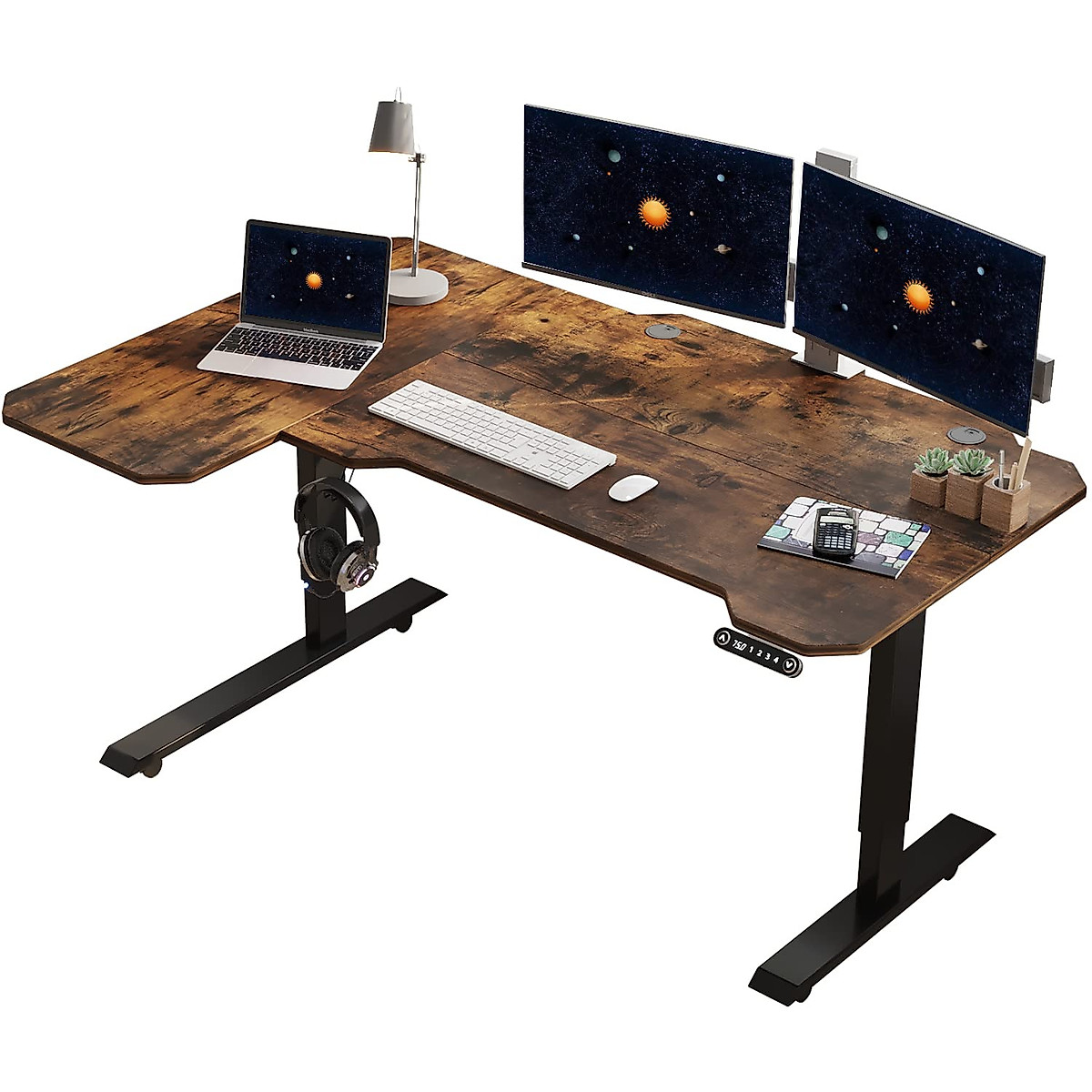 59'' L Shaped Electric Height Adjustable Standing Desk, Sit to Stand Home Office Computer Desk with Black Frame & Rustic Brown Top