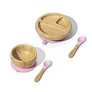 Avanchy Baby Toddler Feeding Suction Plate + Soft Tip Spoon Babies Set | Divided Bamboo Stay Put Plates | BPA Free | Fits Most Highchairs | 7” × 2” - Pink