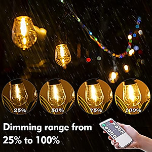 LED Outdoor String Lights, 48FT Patio Lights with Remote & 15 Dimmable Edison Shatterproof Bulbs, RGB Fairy Rope Hanging Light for Outside, Café, Deck, Porch, Garden, Bistro, Christmas Party (Plug)