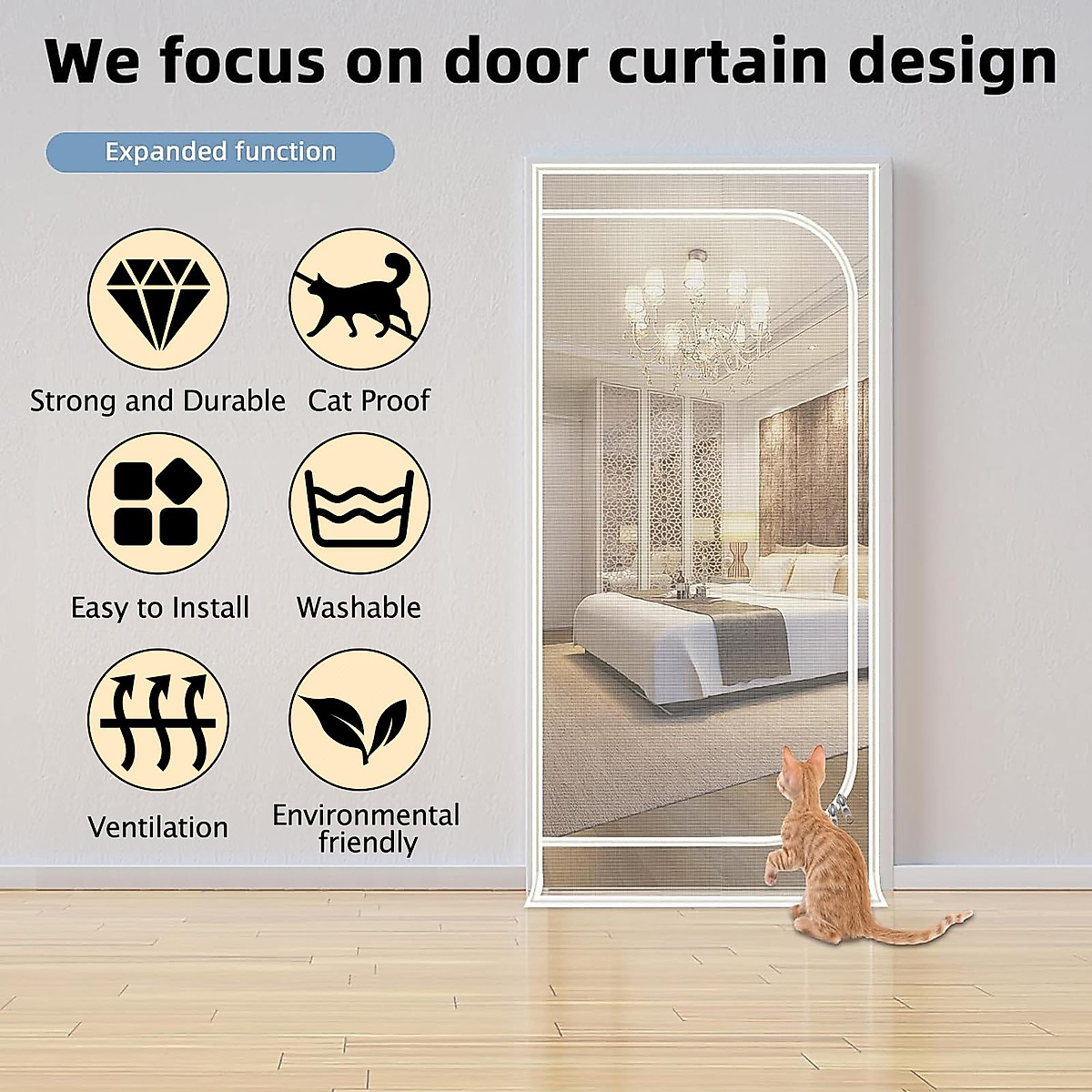 Upgraded Pet Screen Door Fits Doors Up to 36"x84",Heavy Duty Cat Proof Mesh Screen Door with Zipper Closure,Prevent Cats Running Out from Home,Bedroom,Living Room,Kitchen,(White)