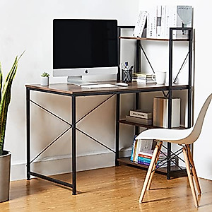 Coral Flower Tower Computer Desk with 4 Tier Shelves - 47.6'' Multi Level Writing Study Table with Bookshelves Modern Steel Frame Wood Desk Compact Home Office Workstation (Natural brown)