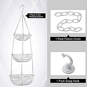 Hotop 3-Tier Hanging Fruit Basket Vegetable Storage Wire Basket with 16 Inch Fixture Chain and Ceiling Hook for Putting Fruit Vegetables Snacks Household Items (White)