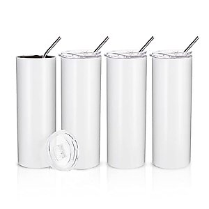 PYD Life Sublimation Blanks Skinny Tumbler White 20 OZ Straight Stainless Steel Tumbler with Metal Straw for Mug Tumbler Heat Press Machine Sublimation Printing 4 Pack