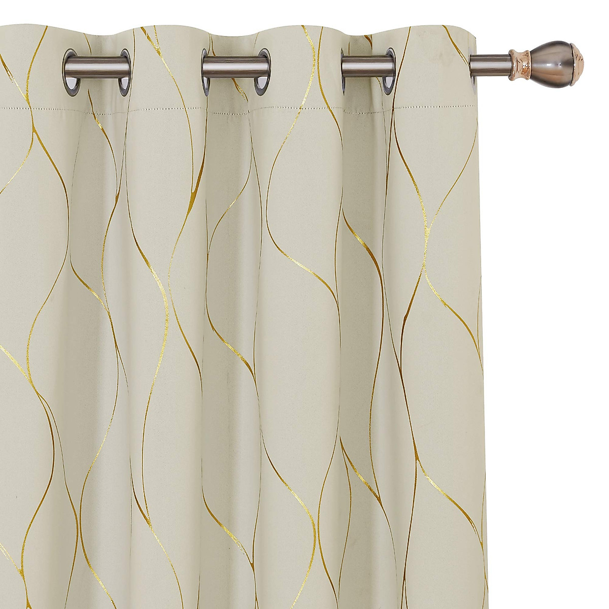 Deconovo Gold Wave Print Blackout Curtains for Bedroom, Thermal Insulated Curtains for Living Room, Room Darkening Drapes (Light Beige/Wave, 52x63 Inch, 2 Panels)
