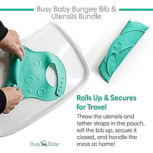 BUSY BABY Bungee Bib & Utensils Bundle | Silicone Bib for Babies & Toddlers with Tethers to Attach Utensils and Keep Them Off The Floor | Dishwasher Safe, BPA Free (Spearmint)