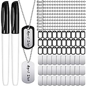 Therwen 92 Pieces Military Dog Tags for Kids Set Including 30 Aluminum Blank Dog Tag 30 Steel Ball Chain Necklaces 30 Military Silicone Dog Tag Silencer and 2 Erasable Markers Pets Tags for DIY Craft