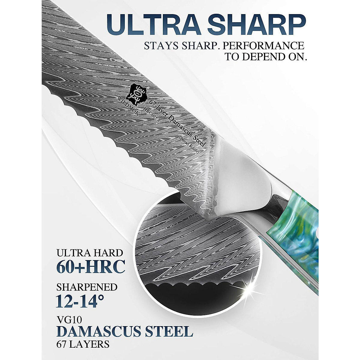 WILDMOK Serrated Bread Knife - 8 inch, Strong Resin Handle, 67 Layer Japanese VG10 Steel Slicer