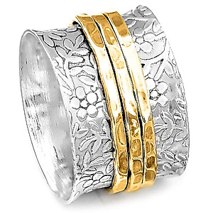 Boho-Magic 925 Sterling Silver Spinner Flowers Ring for Women with 3 Brass Fidget Rings Wide Band (9)