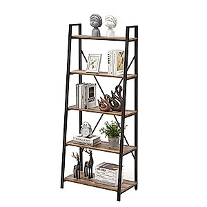 BON AUGURE Rustic Ladder Bookshelf Bookcase, Industrial 5 Tier Ladder Shelf Shelving Unit, Wood and Metal Leaning Shelves for Living Room (Vintage Oak)