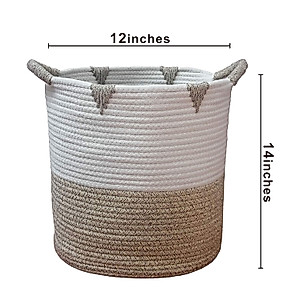 Cotton Rope Woven Storage Basket,2-Pack 12x12x14 Round Organizer Baskets,With Handles Foldable basket For kids& Pets ,Toy, Towels, Blanket ,Clothes.Decorative Basket for Living Room (White&Brown)