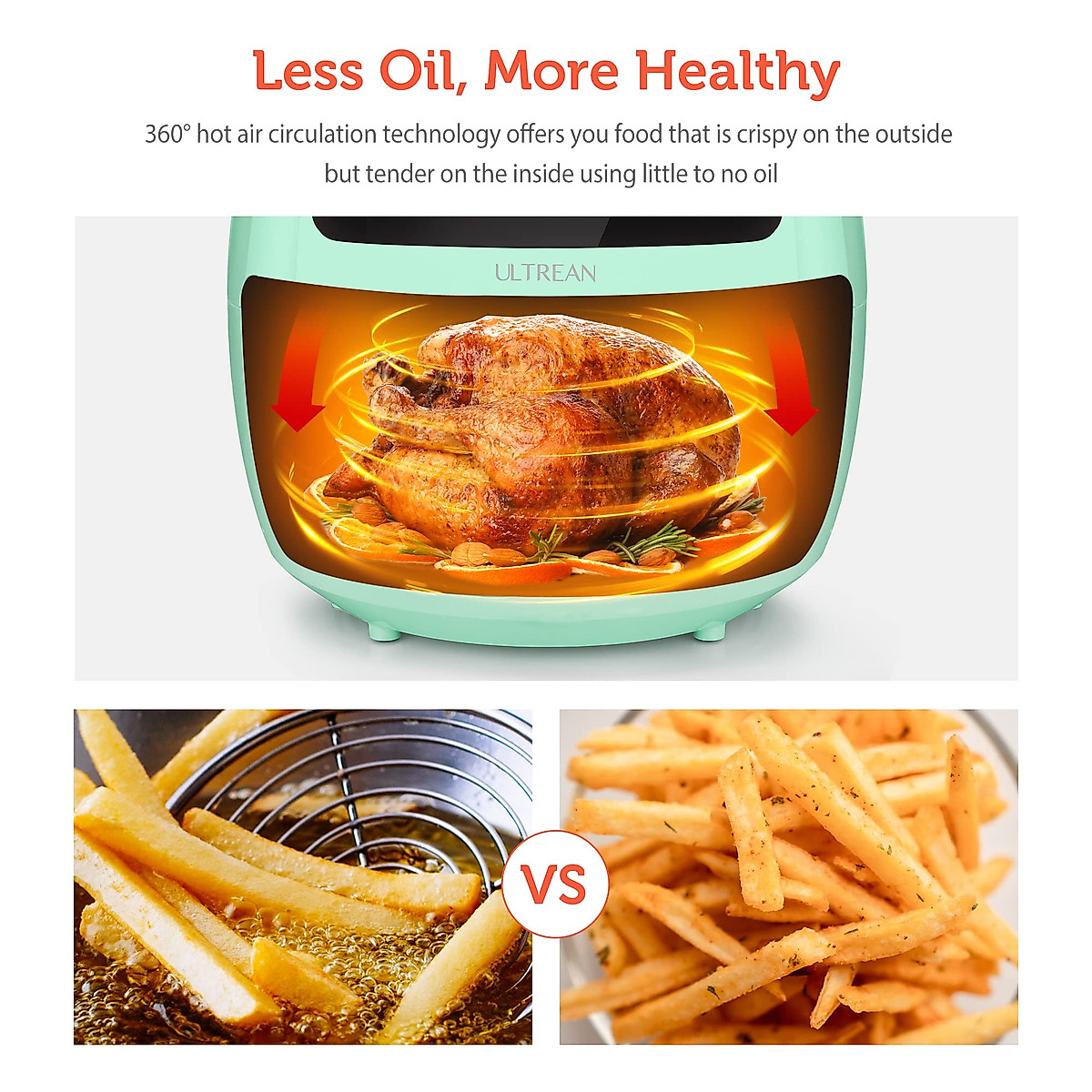 Ultrean 5.8 Quart Air Fryer, Large Family Size Electric Hot Air Fryers Oilless Cooker with 10 Presets, Digital LCD Touch Screen, Nonstick Basket, 1700W, UL Listed (Green)