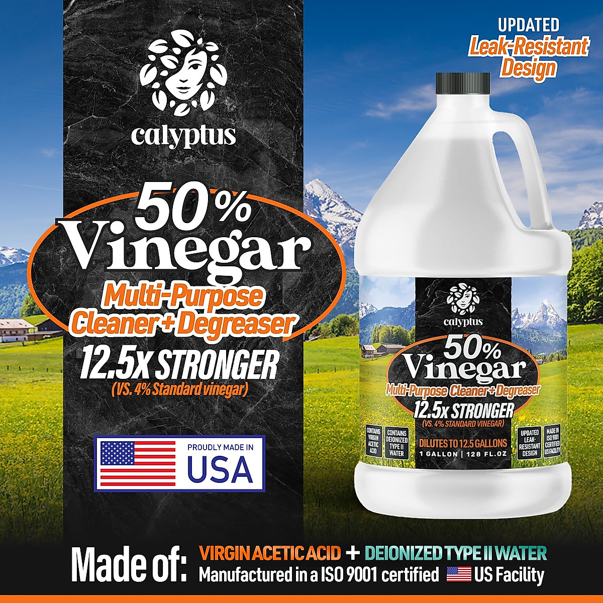 Calyptus 50% Concentrated Vinegar | Highest-Performance (12.5X Power) | Pure Virgin Vinegar | Dynamic-Power | Home, Outdoor, Industrial Cleaner Concentrate | Makes 12.5 Gallons | USA Made | 128 Ounces